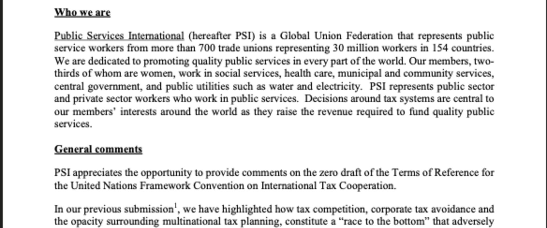 PSI comments on the zero draft terms of reference for a UN Tax ...